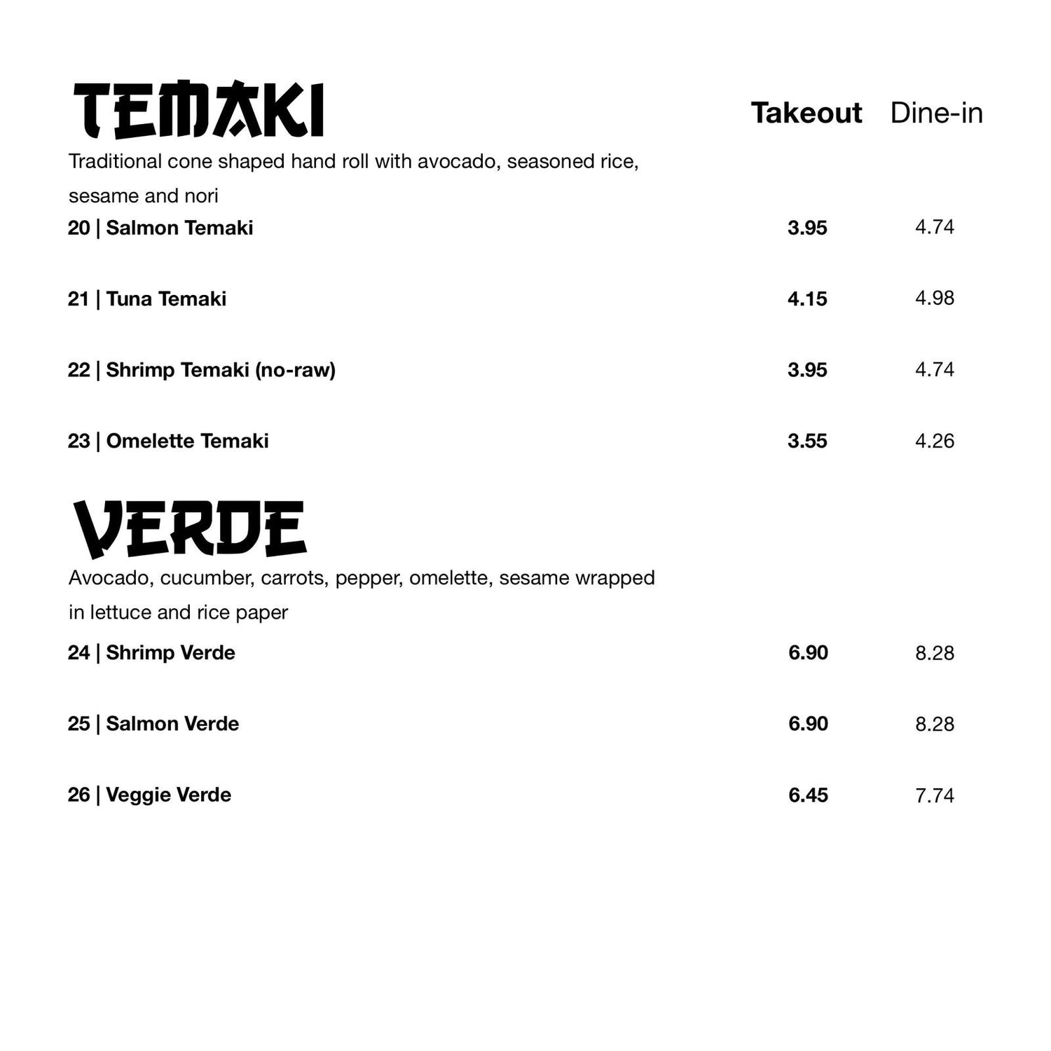 Sushi Yoka Menu